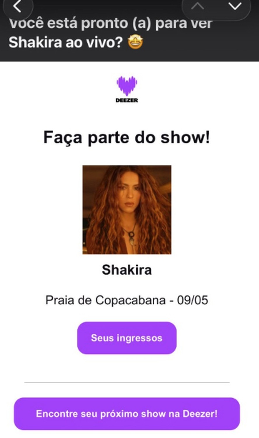Show de Shakira em Copacabana aparece confirmado em aplicativo da Deezer